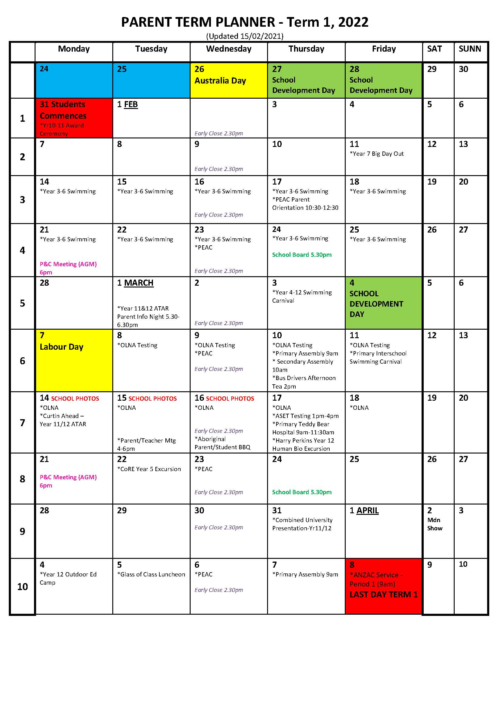 Term Planners – Merredin College